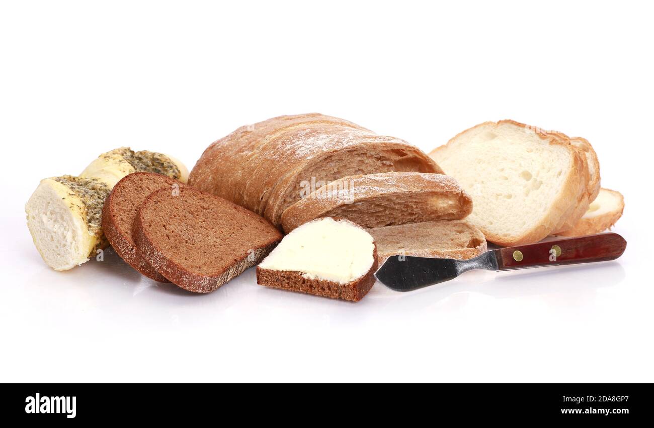Different loaves of bread isolated on a white background Stock Photo ...
