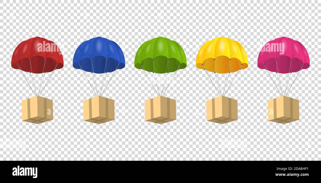 Vector 3d Realistic Parachute with Paper Cardboard Box Set Isolated on ...