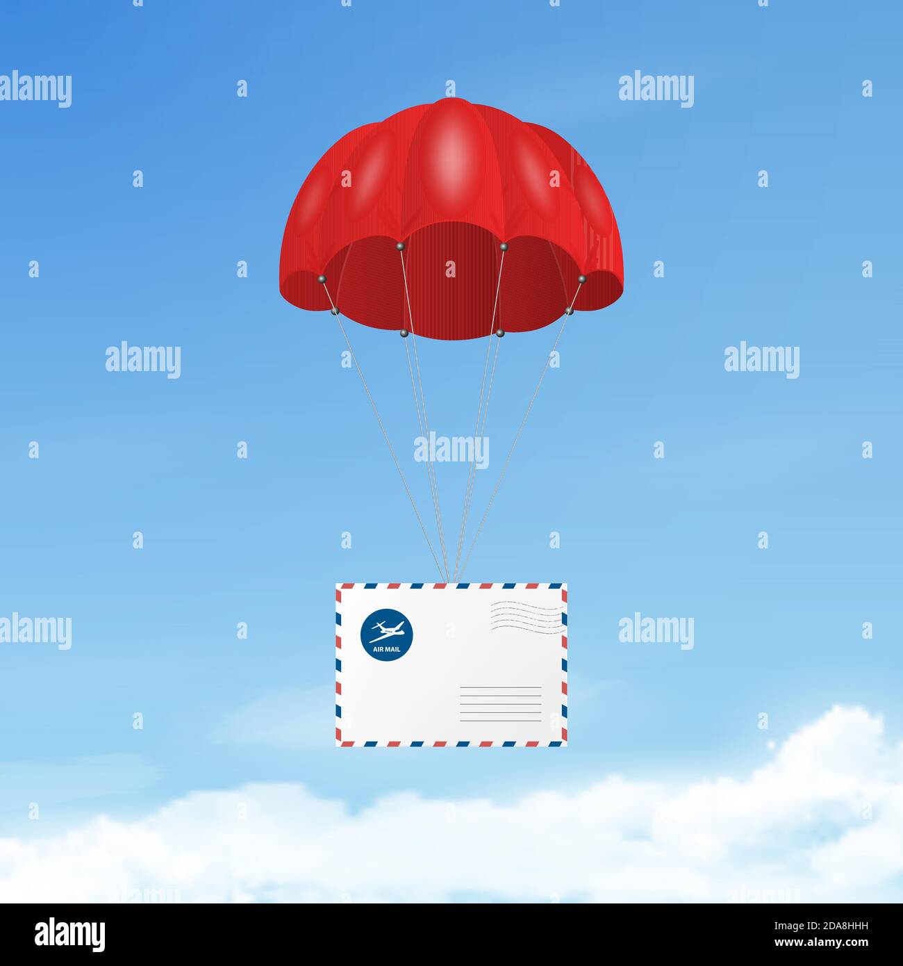 Vector 3d Realistic Flying Red Parachute with Paper Envelope on Blue ...