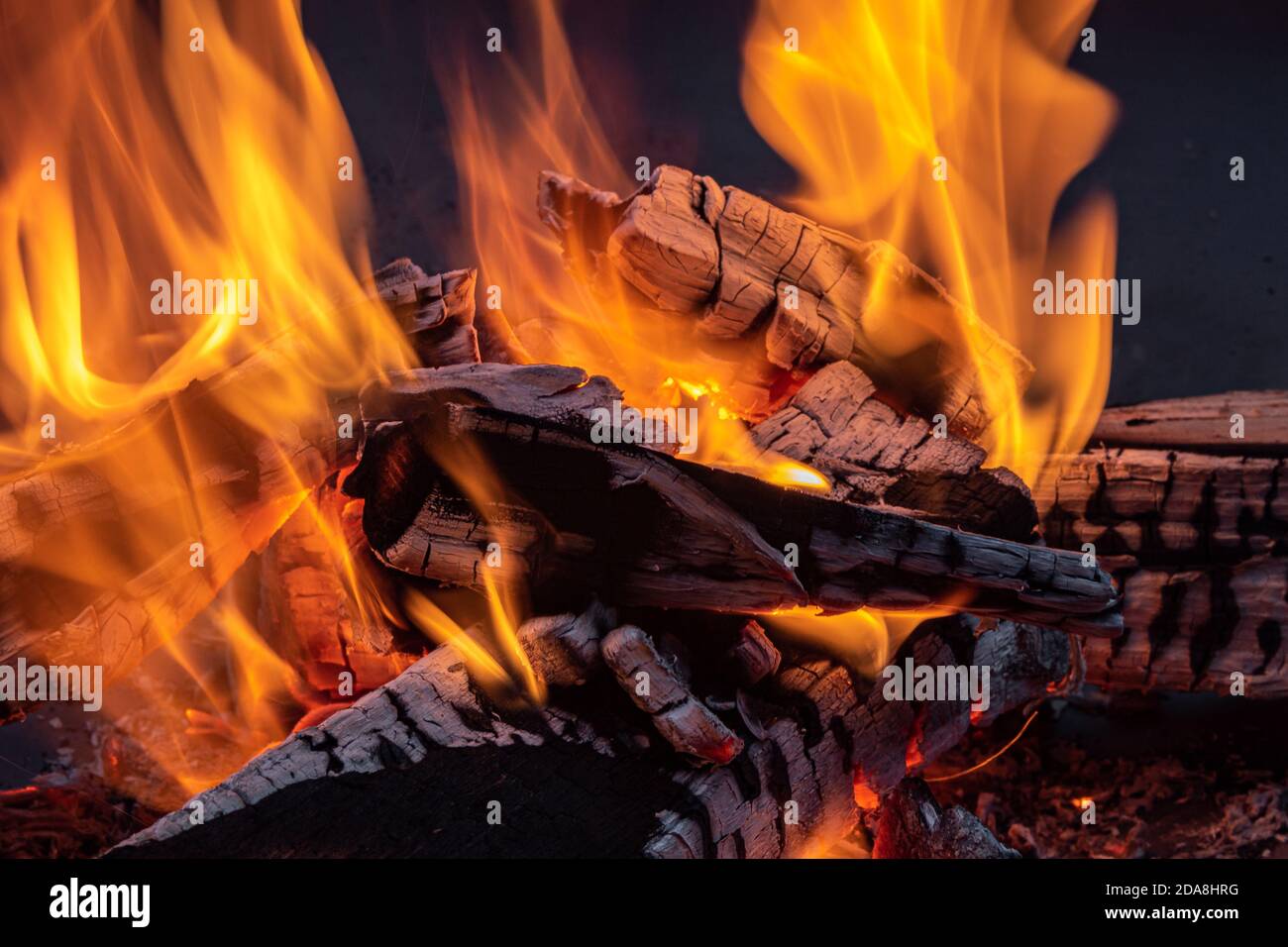 Close-up shot of wild dancing flames burning down wood, shows yellow ...