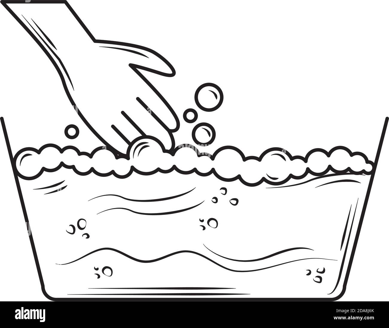 laundry, washing clothes in basin with foam vector illustration line ...