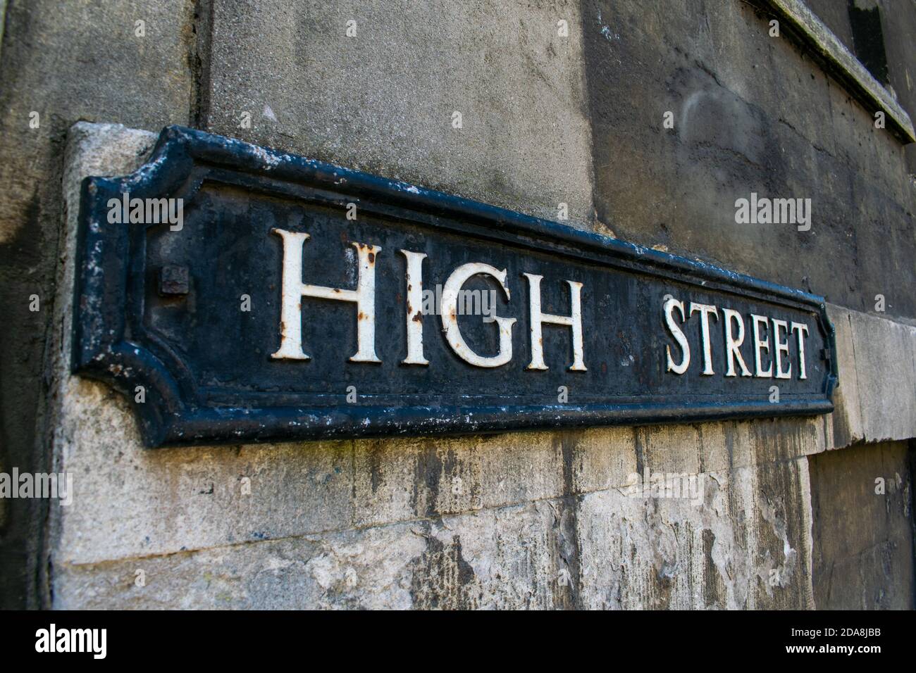 High Street sign in Oxford, black street name paque with white letters ...