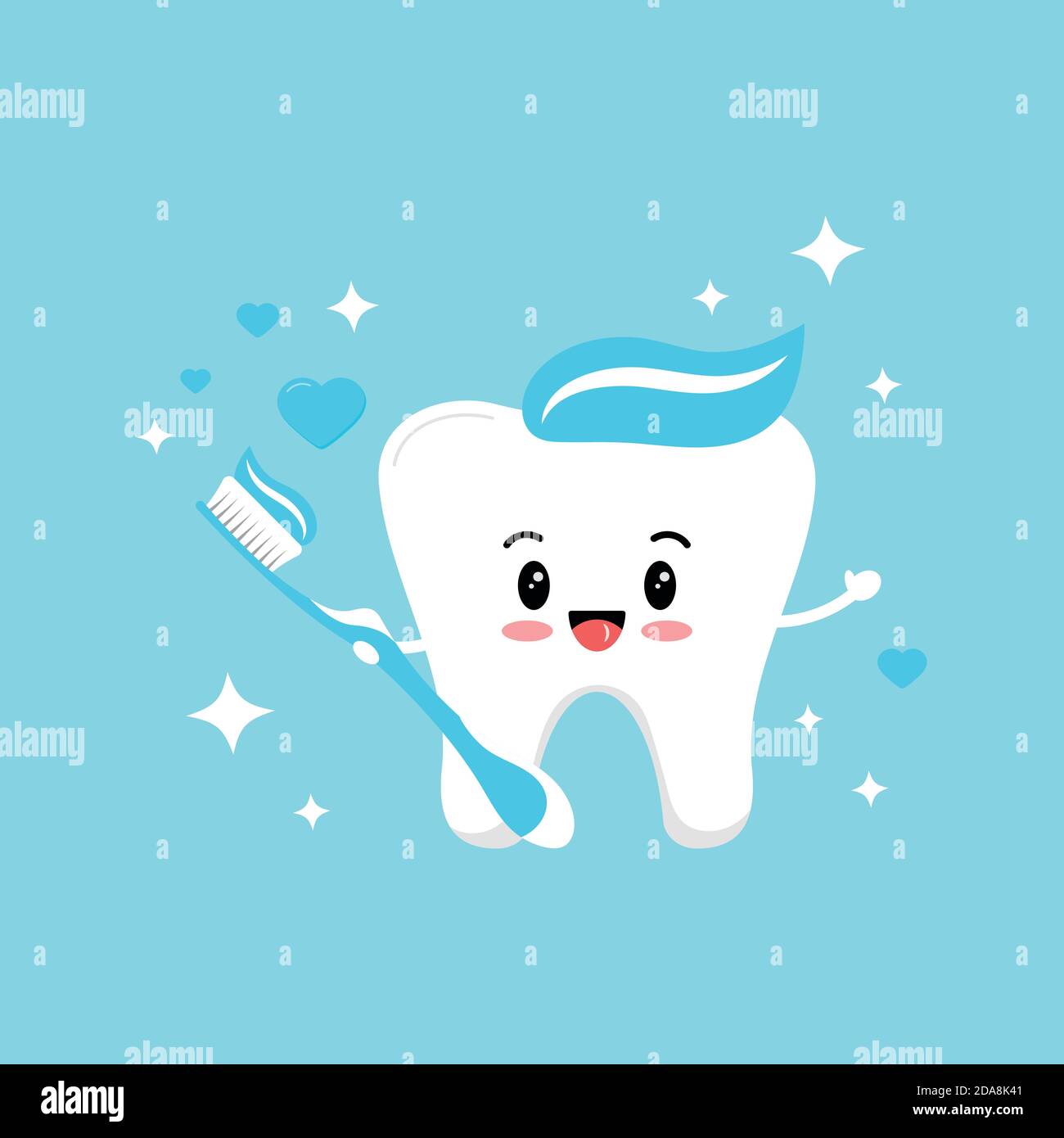 Cute tooth boy in love with blue toothbrush with paste hearts and ...