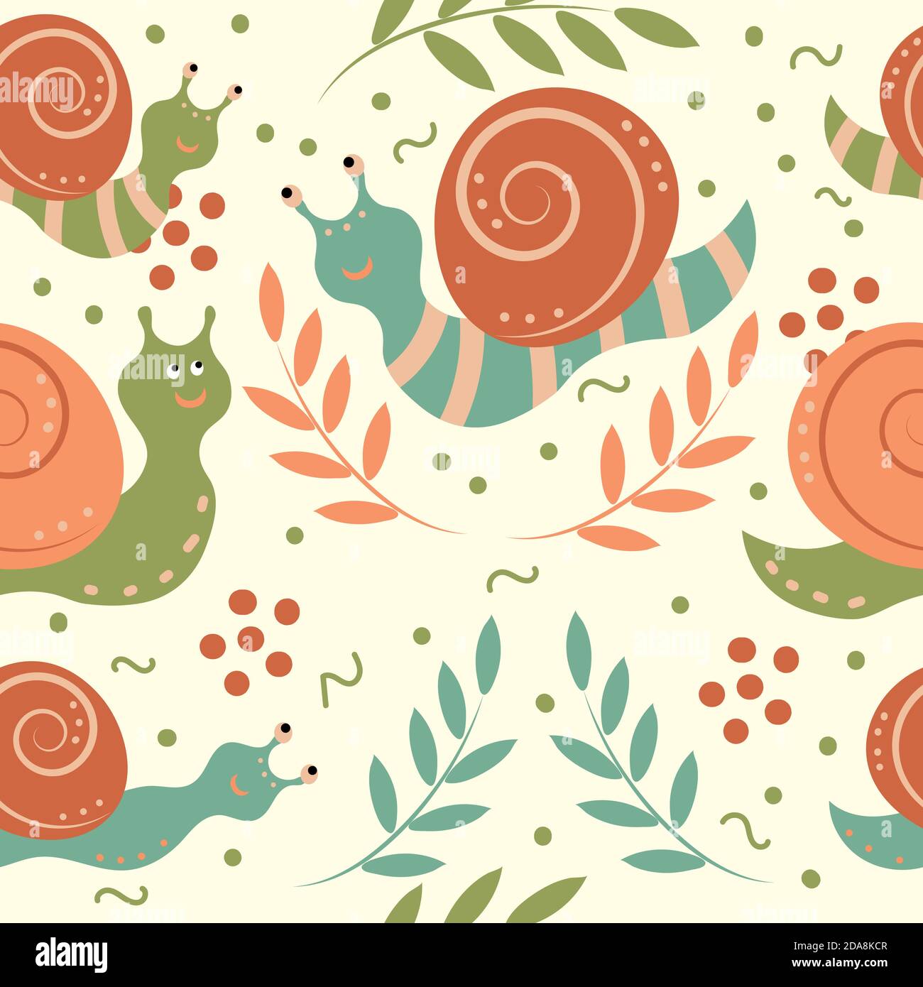 Seamless pattern of cute snails on light background. Vector cartoon ...