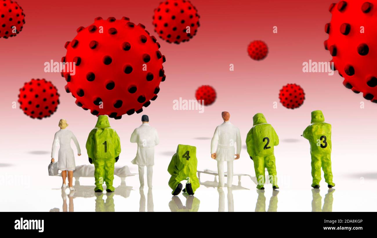 closeup of big corona virus with a team of special medical forces ...