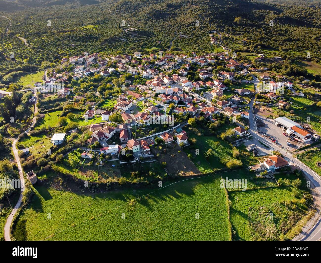 Aerial view of small village and crop fields at Autumn Stock Photo - Alamy
