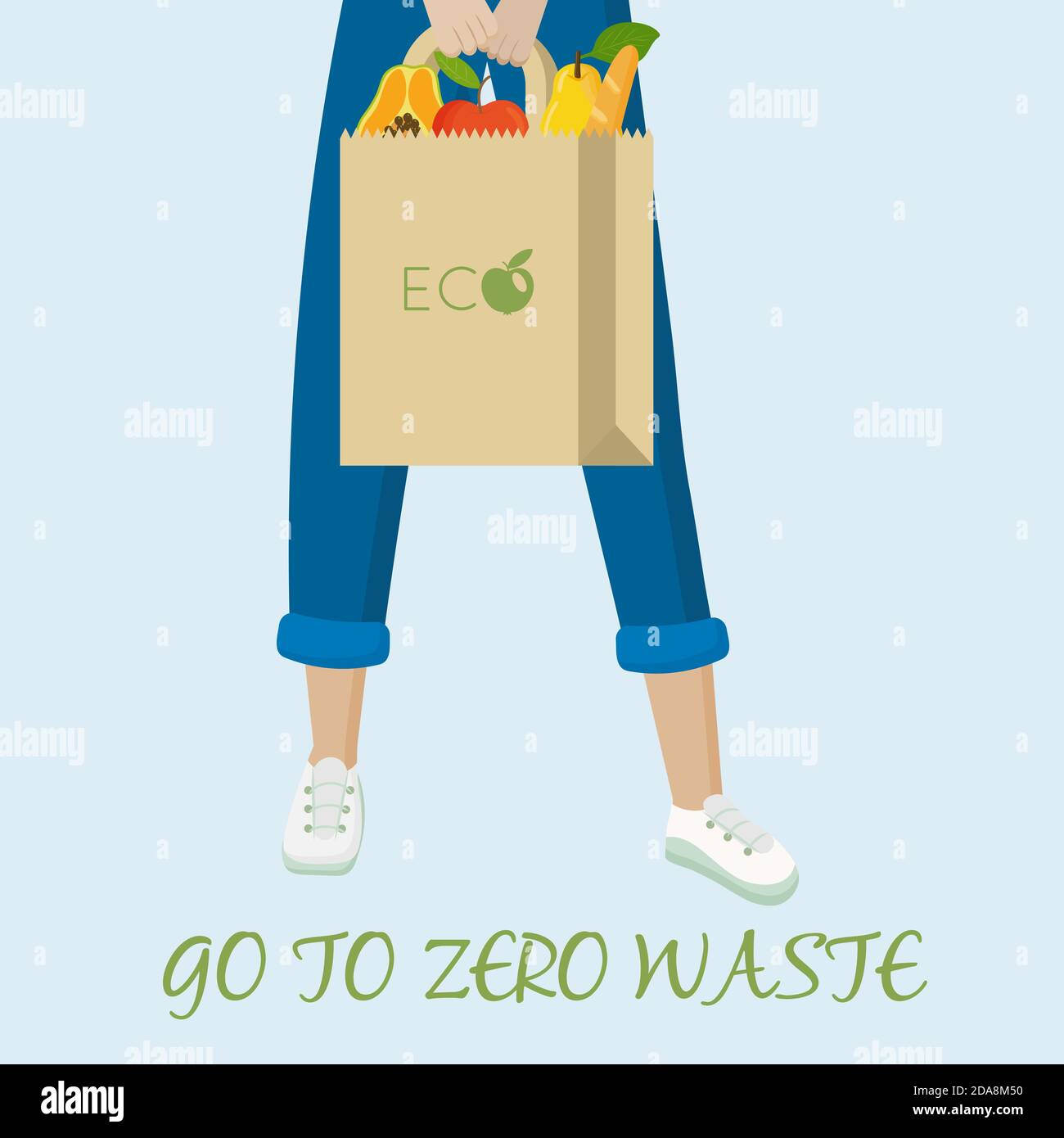 Eco paper bag in woman hand, go to zero waste concept. Vector cartoon ...