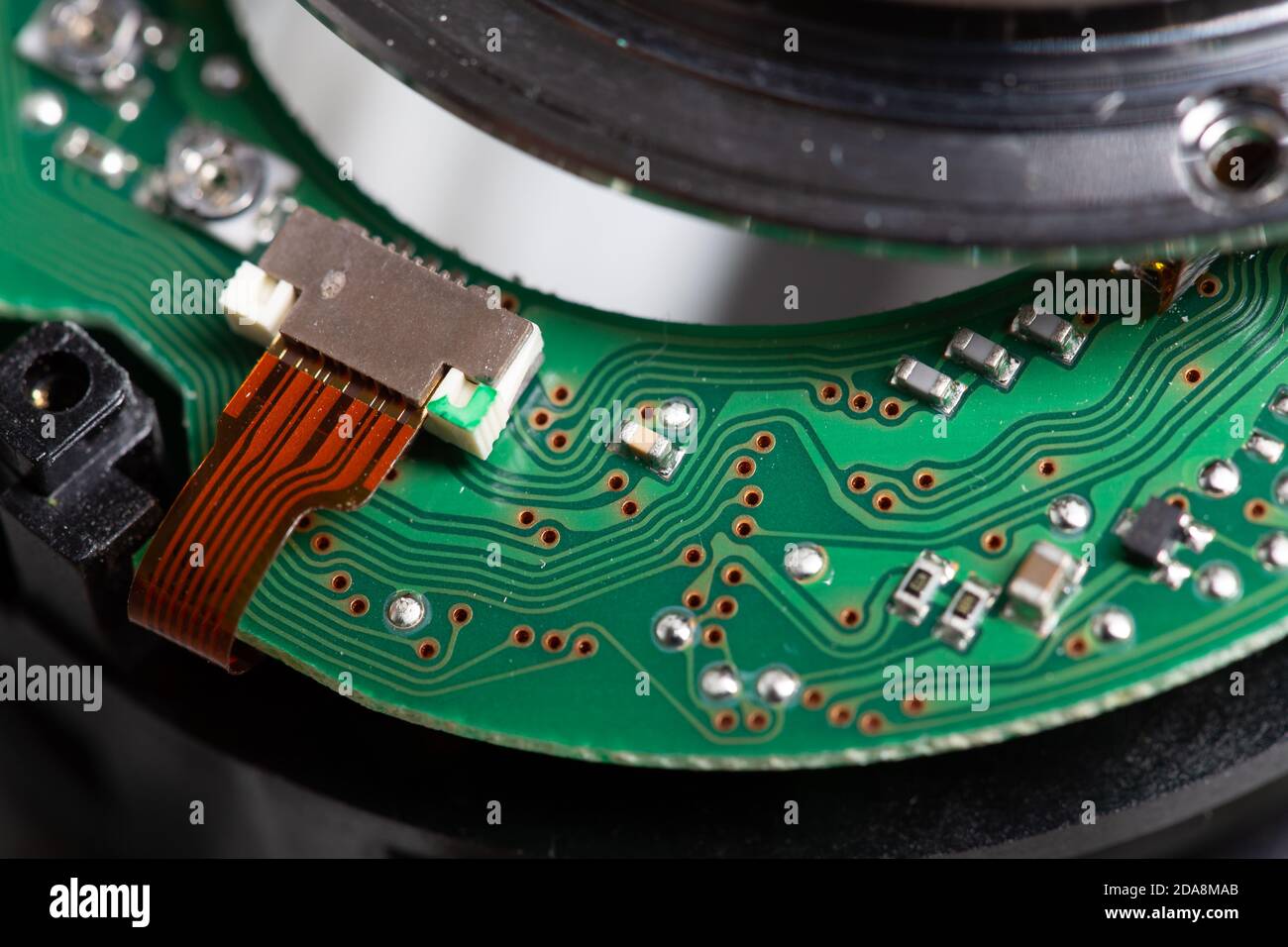 Green electronic circuit with plugs and wires close up still Stock ...