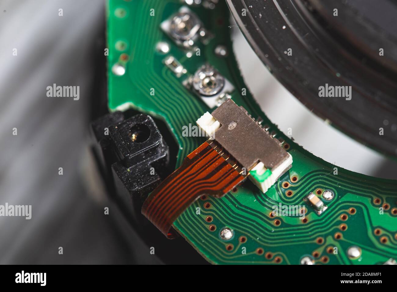 Green electronic circuit with plugs and wires close up still Stock ...