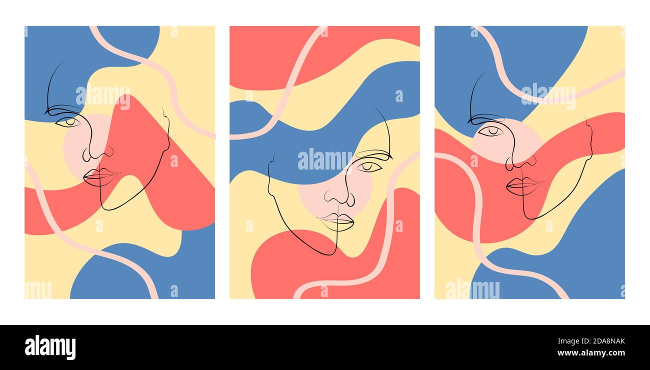 Abstract Contemporary collage with women face continuous line art ...