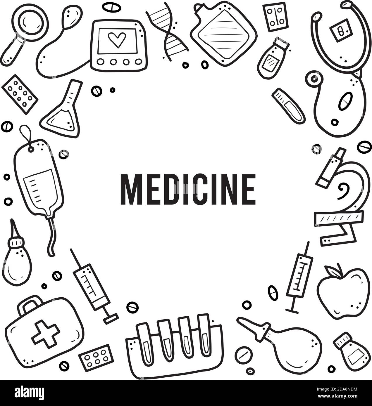 Hand drawn frame with medicine elements, pill, tablet, stethoscope ...