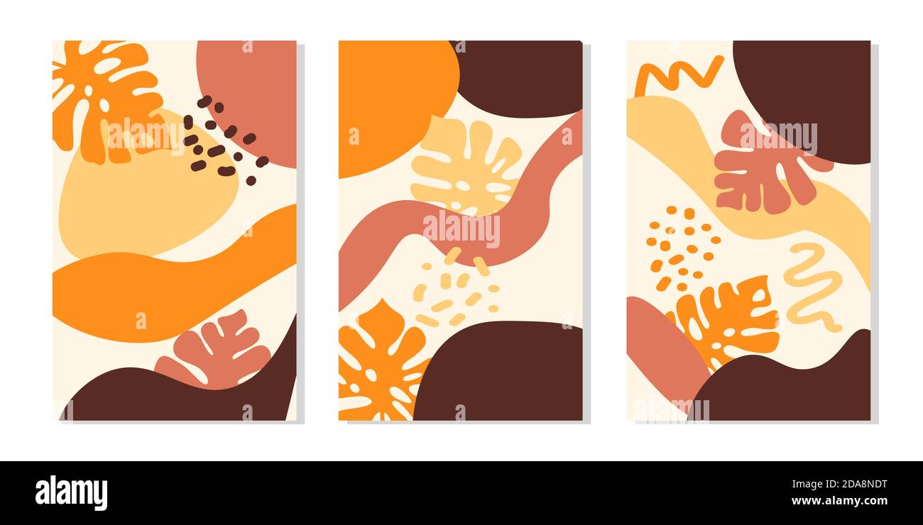 Abstract Contemporary collage set with tropical monstera leaves and ...