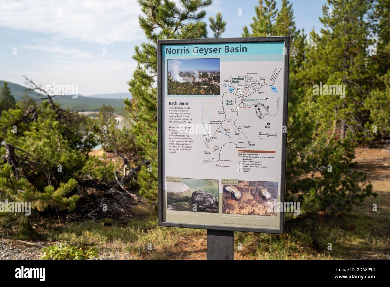 Wyoming, USA - September 23, 2020: Sign and map of the Norris Geyser ...