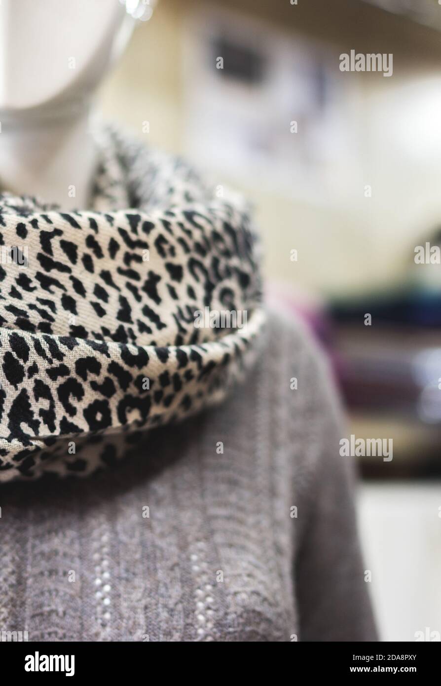 A mannequin with leopard print scarf, showroom with clothing, fashion ...