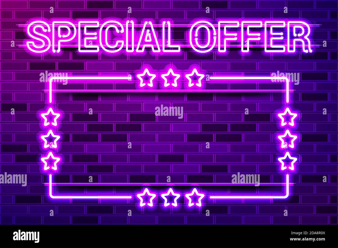 SPECIAL OFFER text with starred frame glowing purple neon lamp sign ...