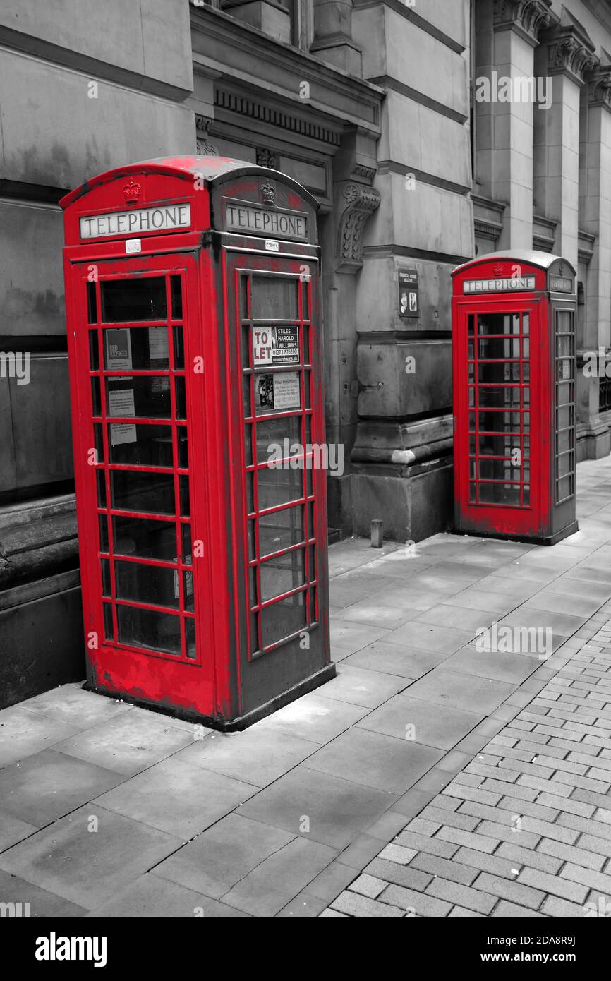 Selective colour of the Iconic red telephone boxes in Eden Place ...