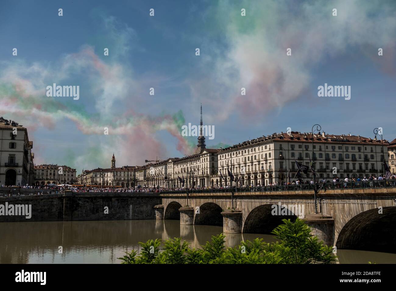 The Italian "Tricolour Arrows" make a show in the sky of Turin for the Coronavirus on may 2020 ...
