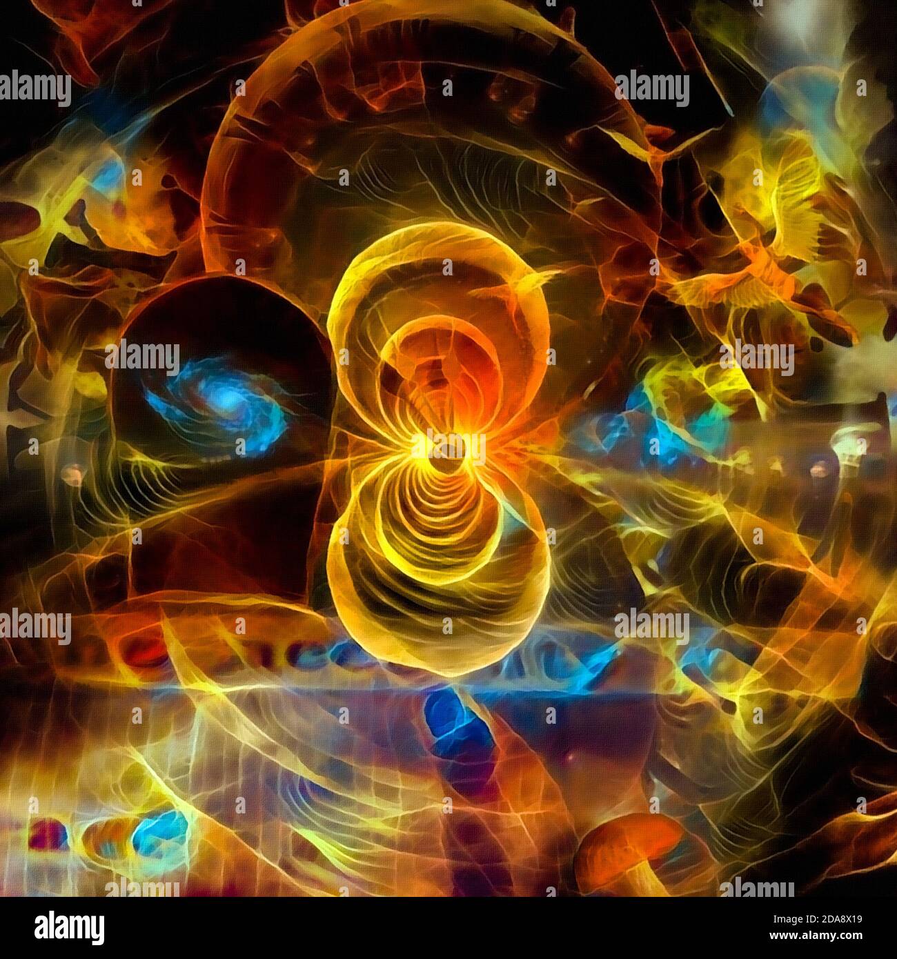 Abstract symbolism. Angels and man with galaxy in his head. 3D ...