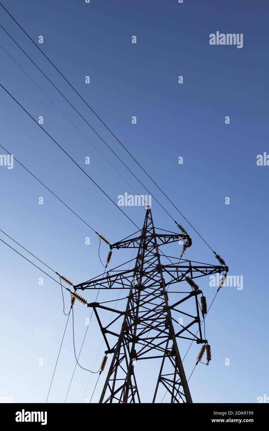 Electric power pylon and overhead lines tower used transmit electrical ...