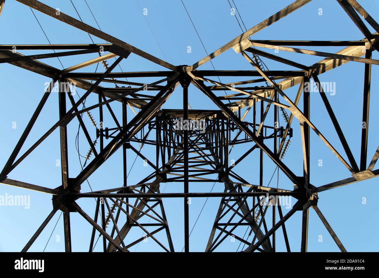 Electric power pylon and overhead lines tower used transmit electrical ...