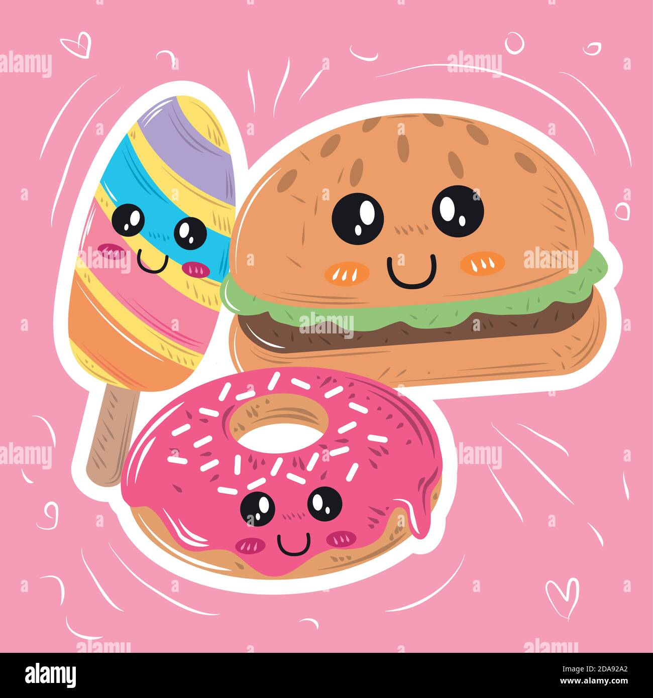 cute kawaii fast food burger ice cream and donut vector illustration ...