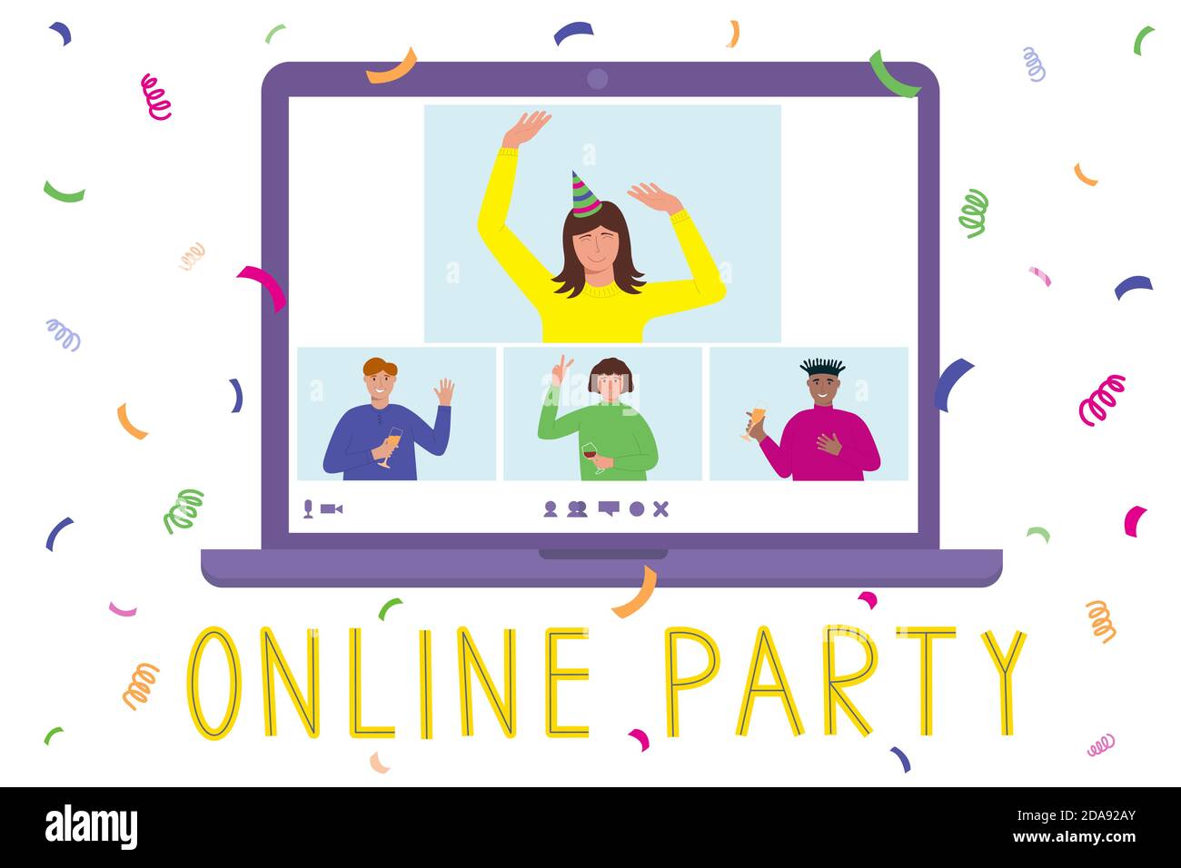Online home party concept. Men and women on laptop screen celebrating ...