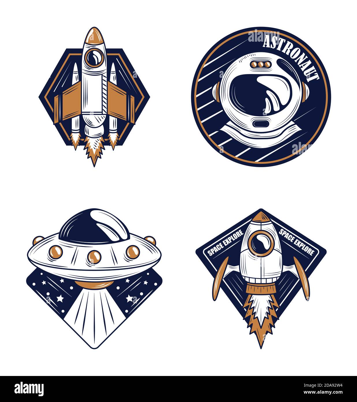 space explorer astronaut helmet, UFO and spaceship design badge icons ...