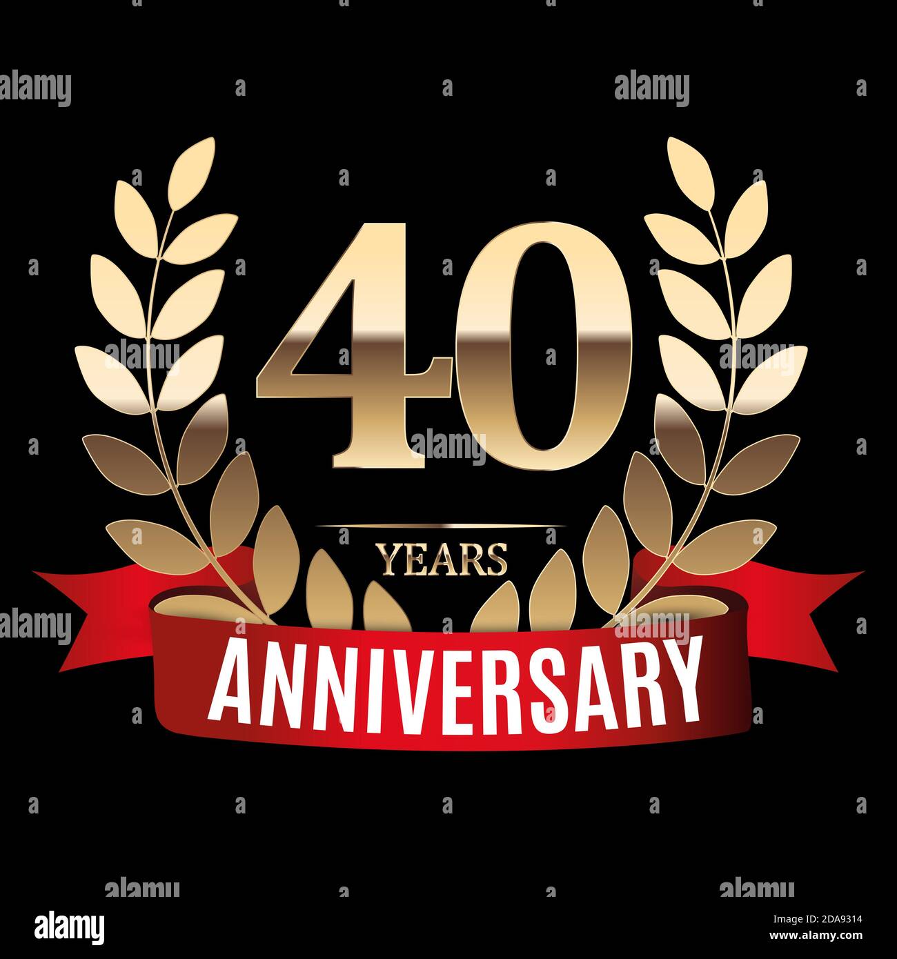 40 Years Anniversary Golden Template with Red Ribbon and Laurel wreath ...