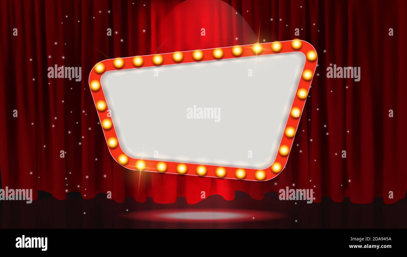 Now Showing announcement board with bulb frame on curtains background ...