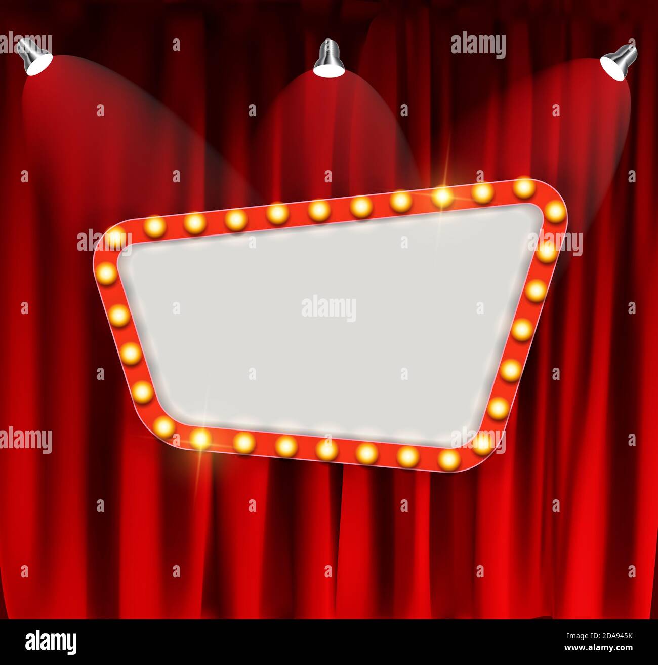 Now Showing announcement board with bulb frame on curtains background ...