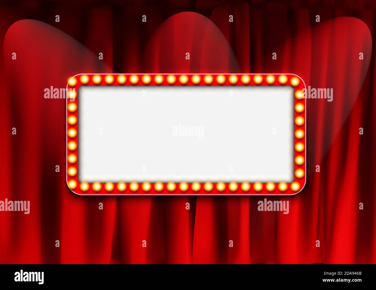 Now Showing announcement board with bulb frame on curtains background ...