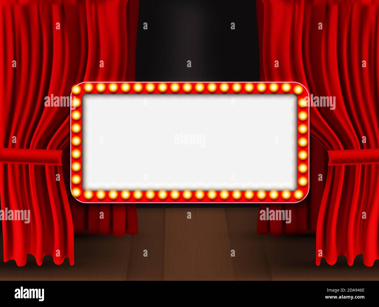 Now Showing announcement board with bulb frame on curtains background ...