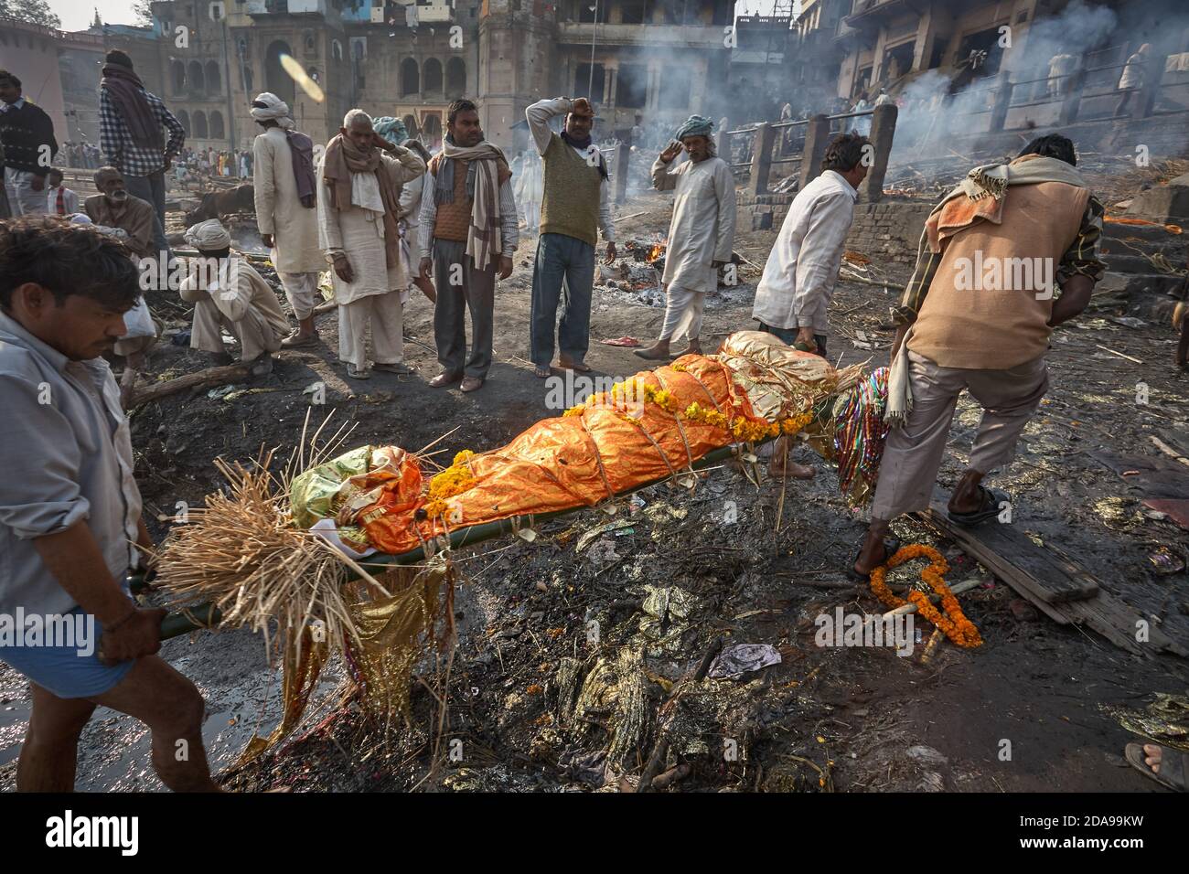 Varanasi, India, January 2008. Cremation ceremony in Manikarnika, the ...