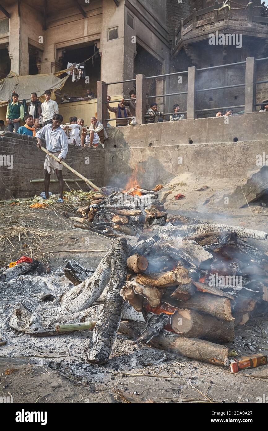 Varanasi, India, January 2008. Cremation ceremony in Manikarnika, the ...