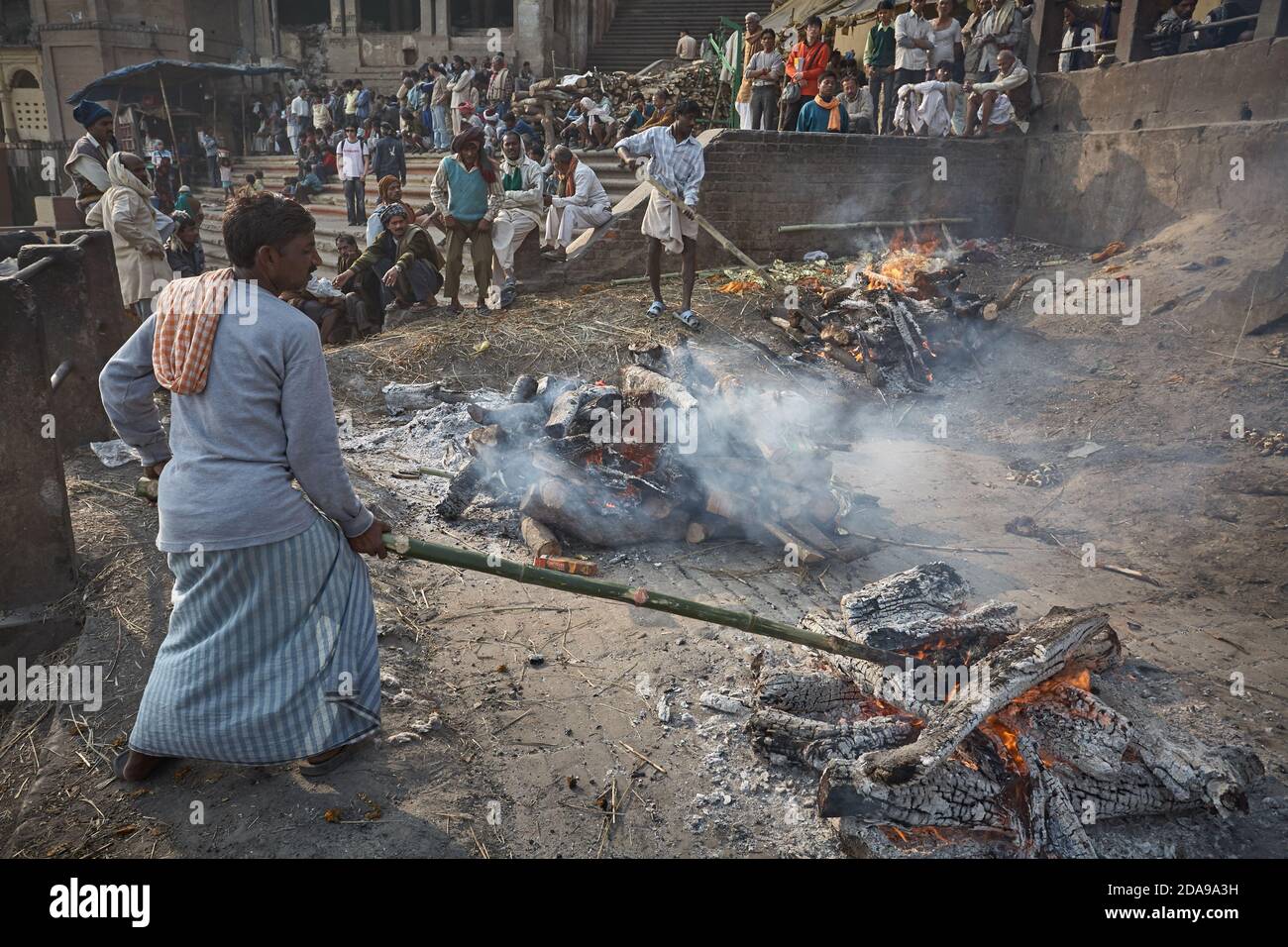 Varanasi, India, January 2008. Cremation ceremony in Manikarnika, the ...
