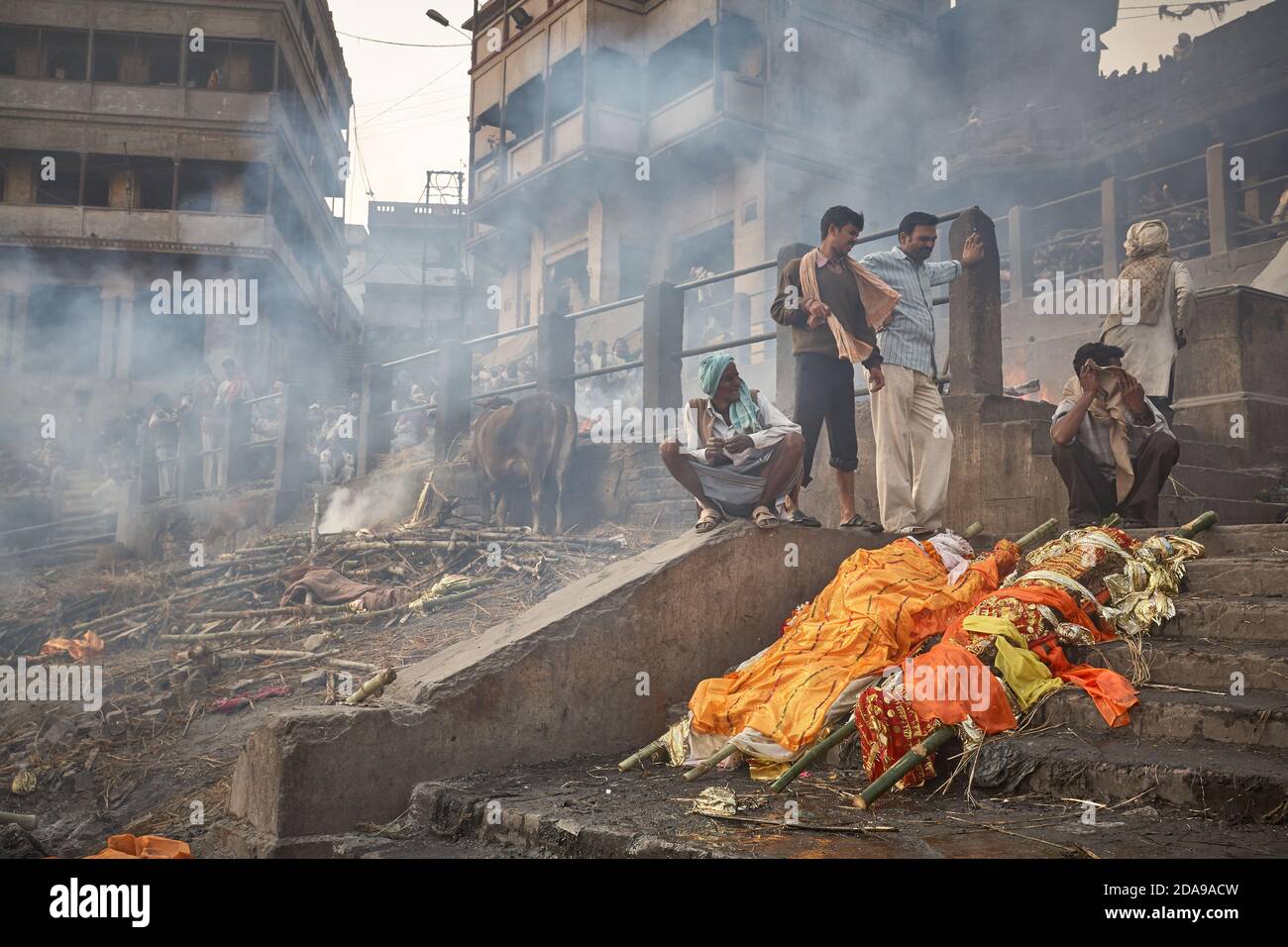 Varanasi, India, January 2008. Cremation ceremony in Manikarnika, the ...