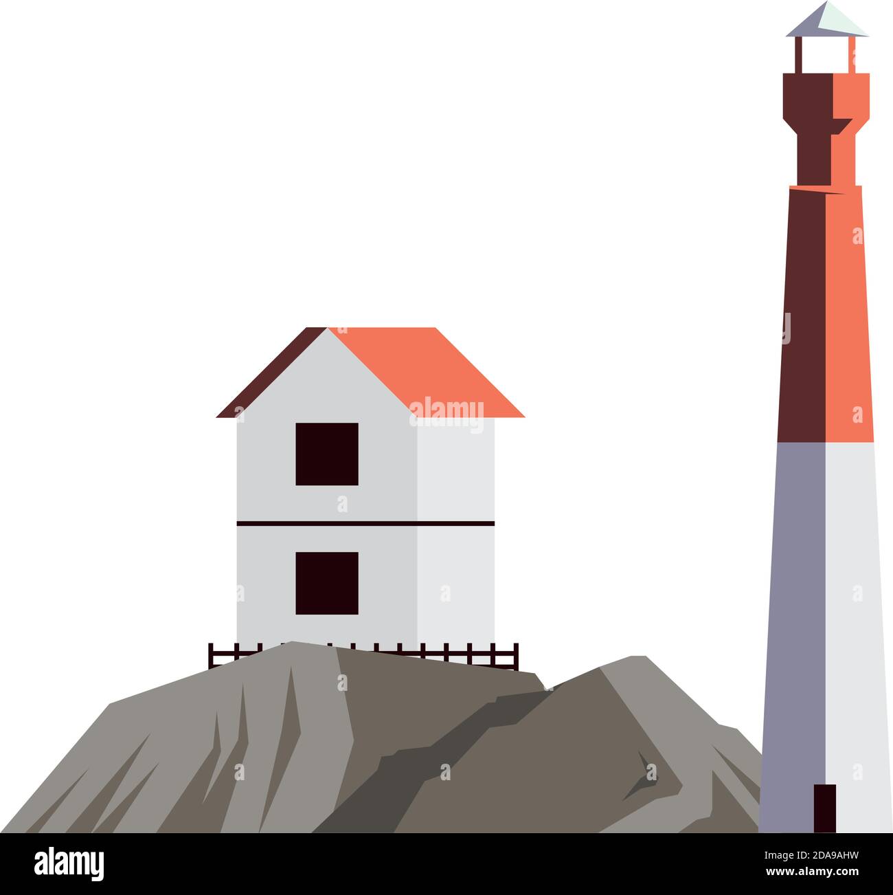 light house tower building with peaks and house scene vector ...