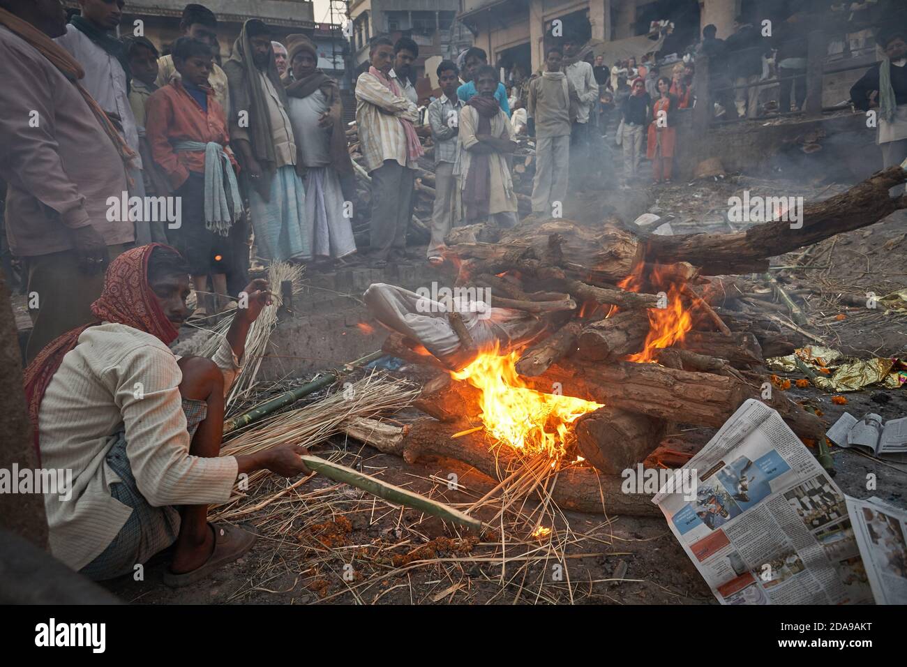 Varanasi, India, January 2008. Cremation ceremony in Manikarnika, the ...