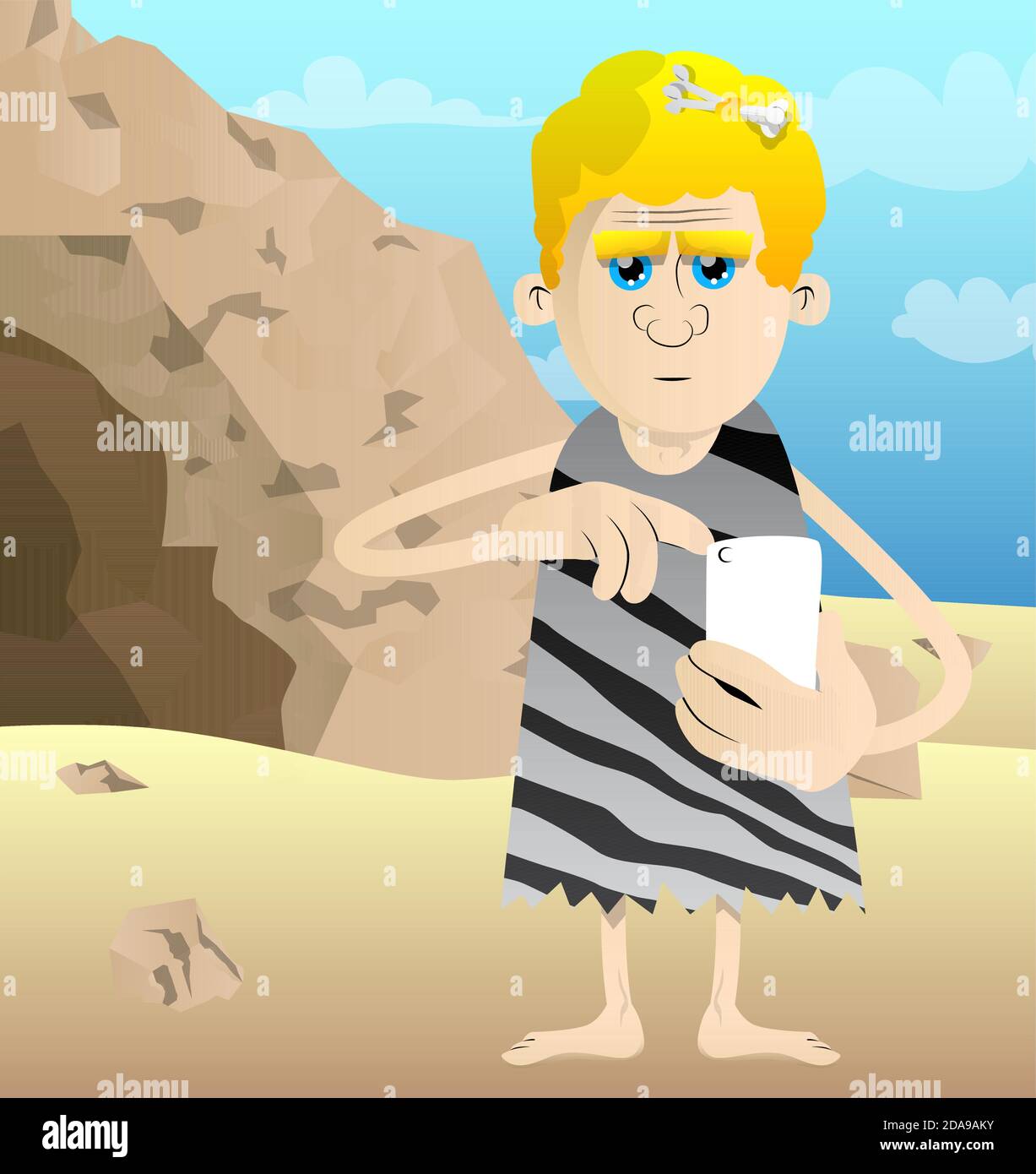 Cartoon caveman using a mobile phone. Vector illustration of a man from ...