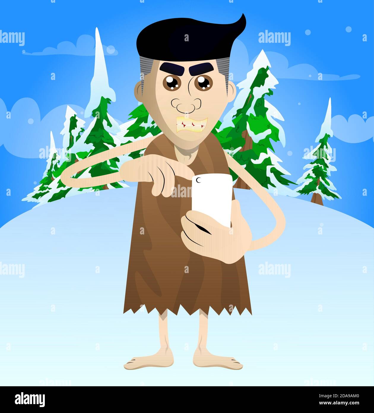 Cartoon caveman using a mobile phone. Vector illustration of a man from ...