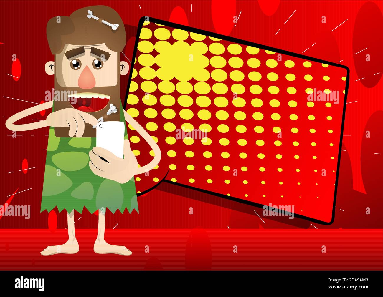 Cartoon caveman using a mobile phone. Vector illustration of a man from ...