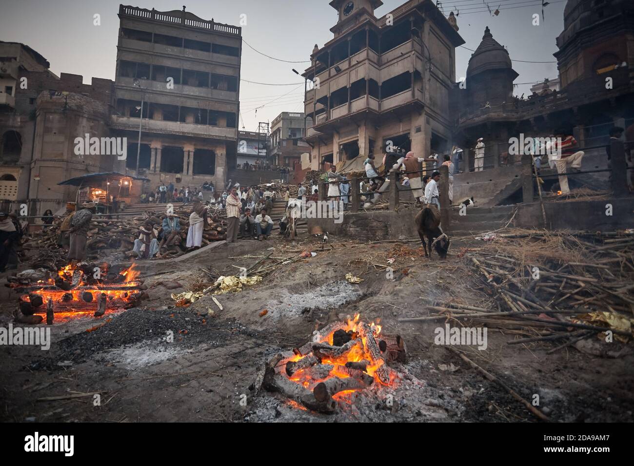 Varanasi, India, January 2008. Cremation ceremony in Manikarnika, the ...