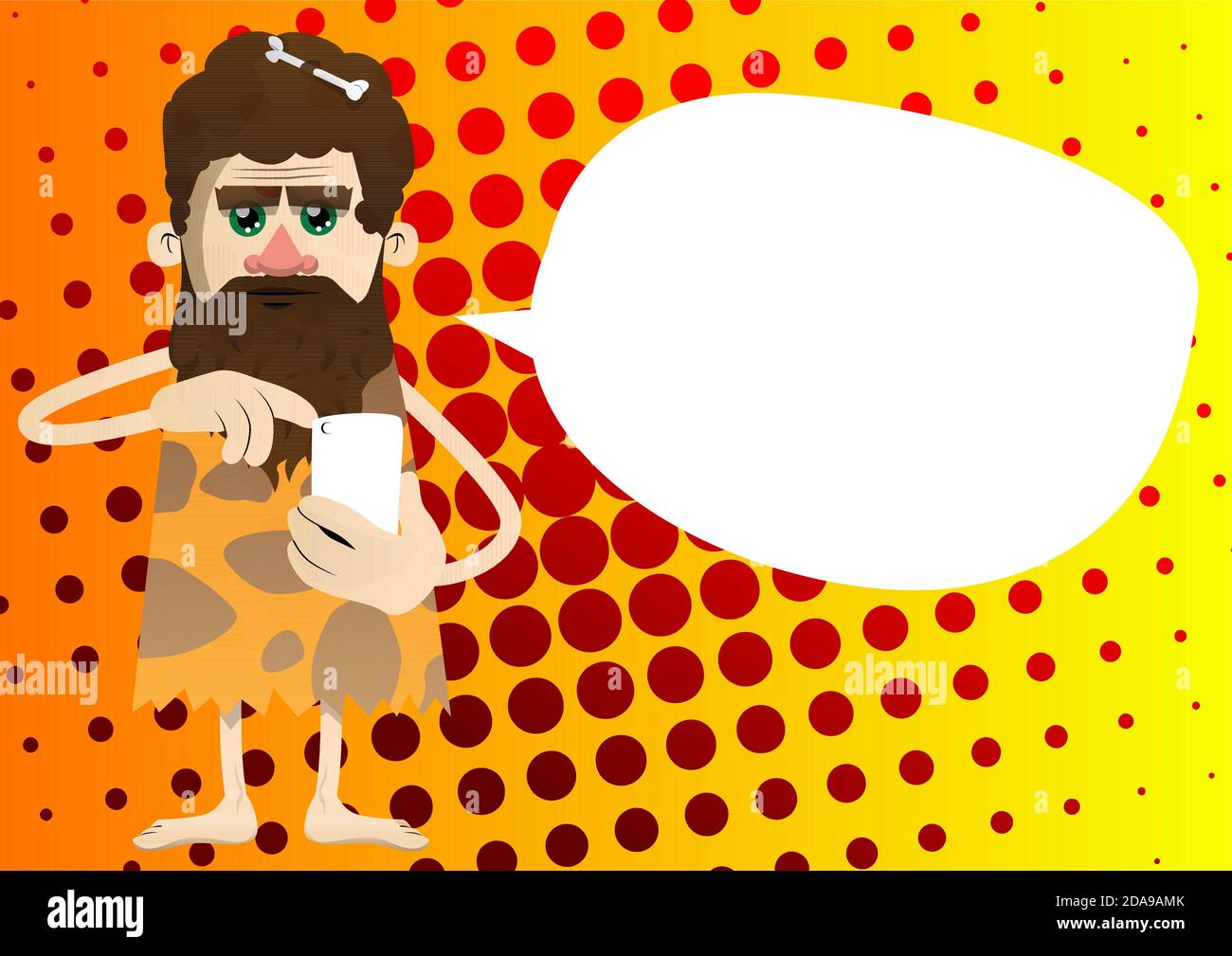 Cartoon caveman using a mobile phone. Vector illustration of a man from ...