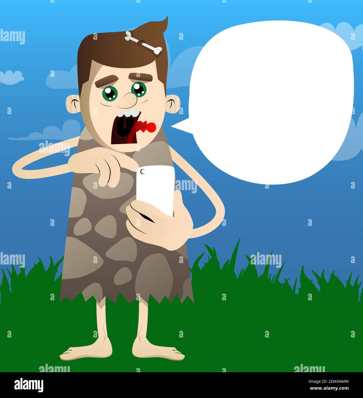 Cartoon caveman using a mobile phone. Vector illustration of a man from ...