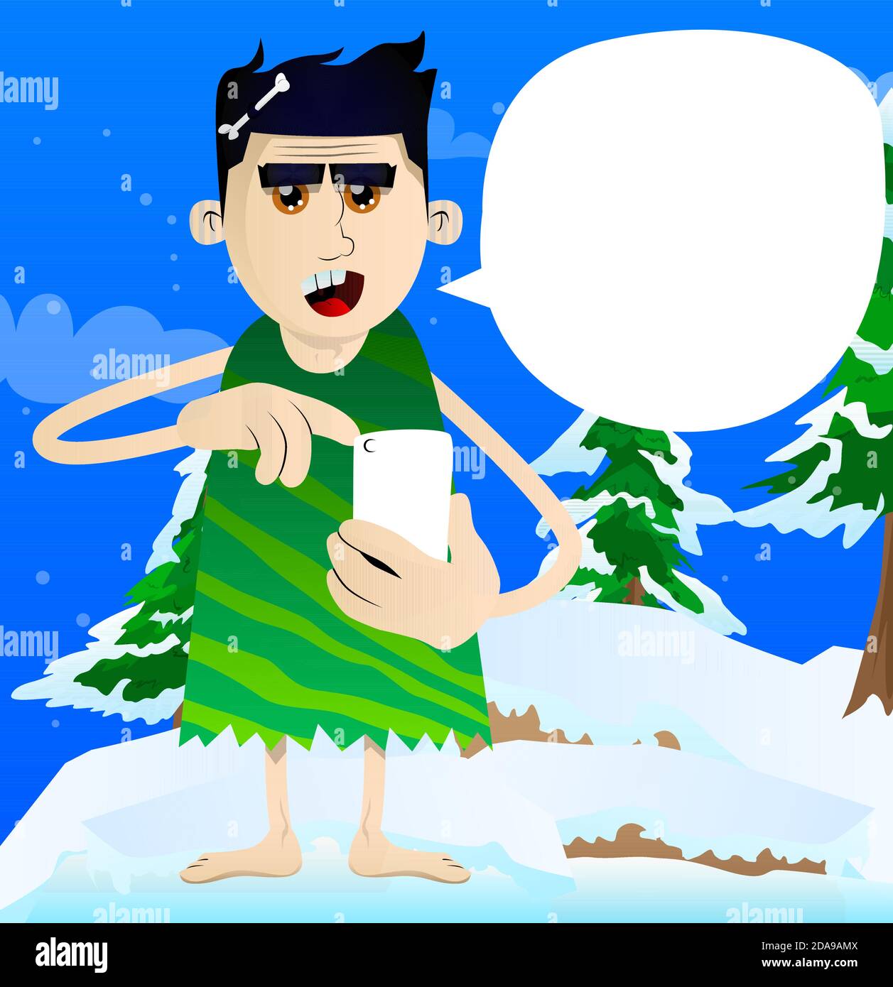 Cartoon caveman using a mobile phone. Vector illustration of a man from ...