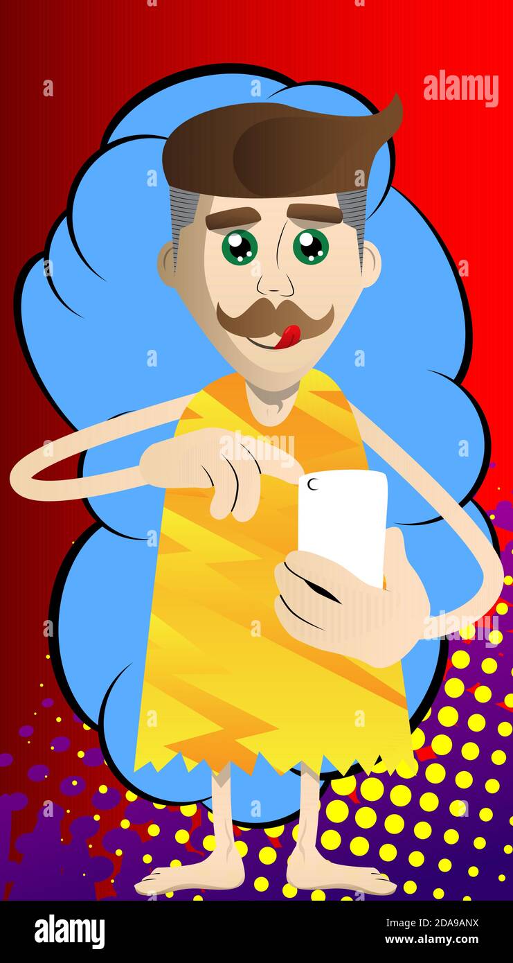 Cartoon caveman using a mobile phone. Vector illustration of a man from ...