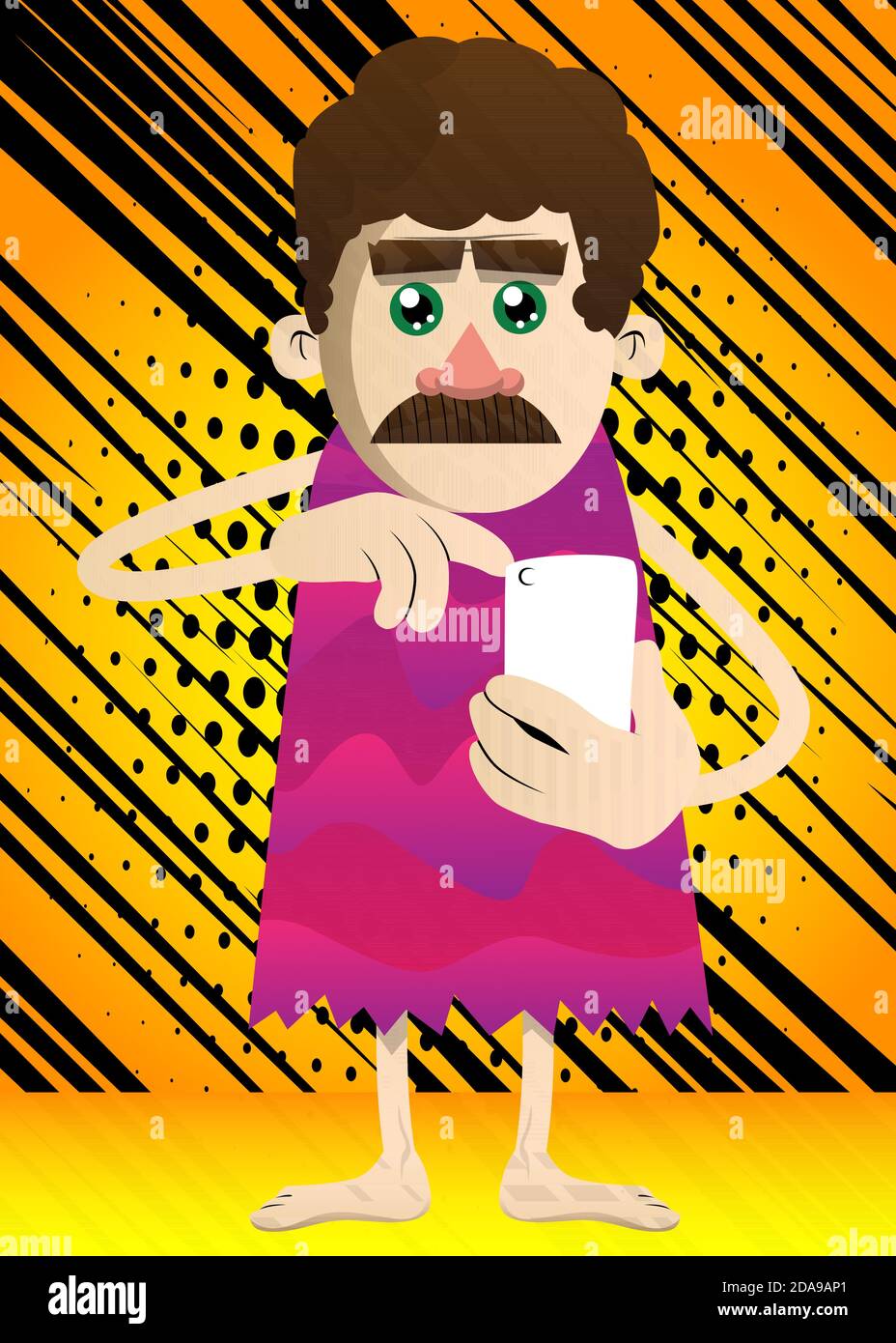 Cartoon caveman using a mobile phone. Vector illustration of a man from ...