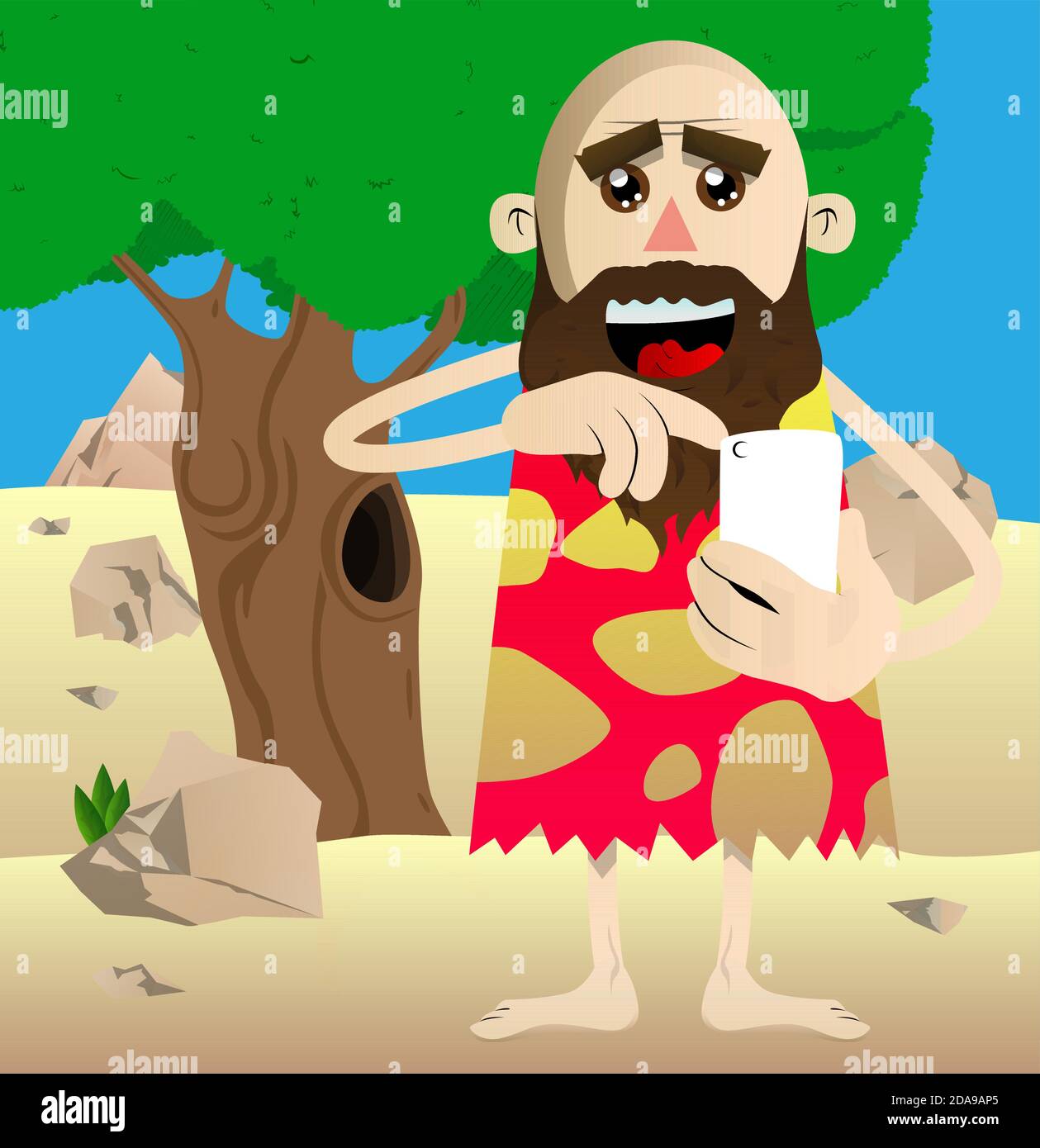 Cartoon caveman using a mobile phone. Vector illustration of a man from ...