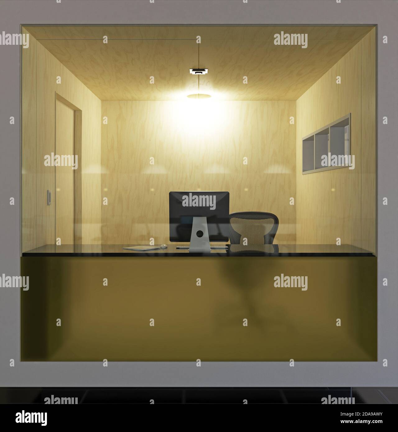 office workplace inside a cube front view. 3d rendering Stock Photo - Alamy