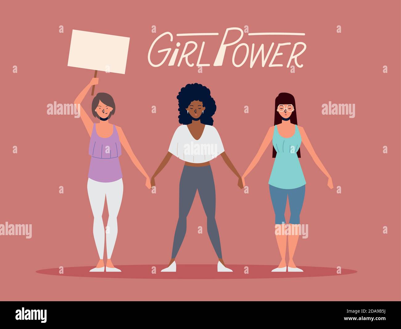 girl power, women with placard and holding hands vector illustration ...